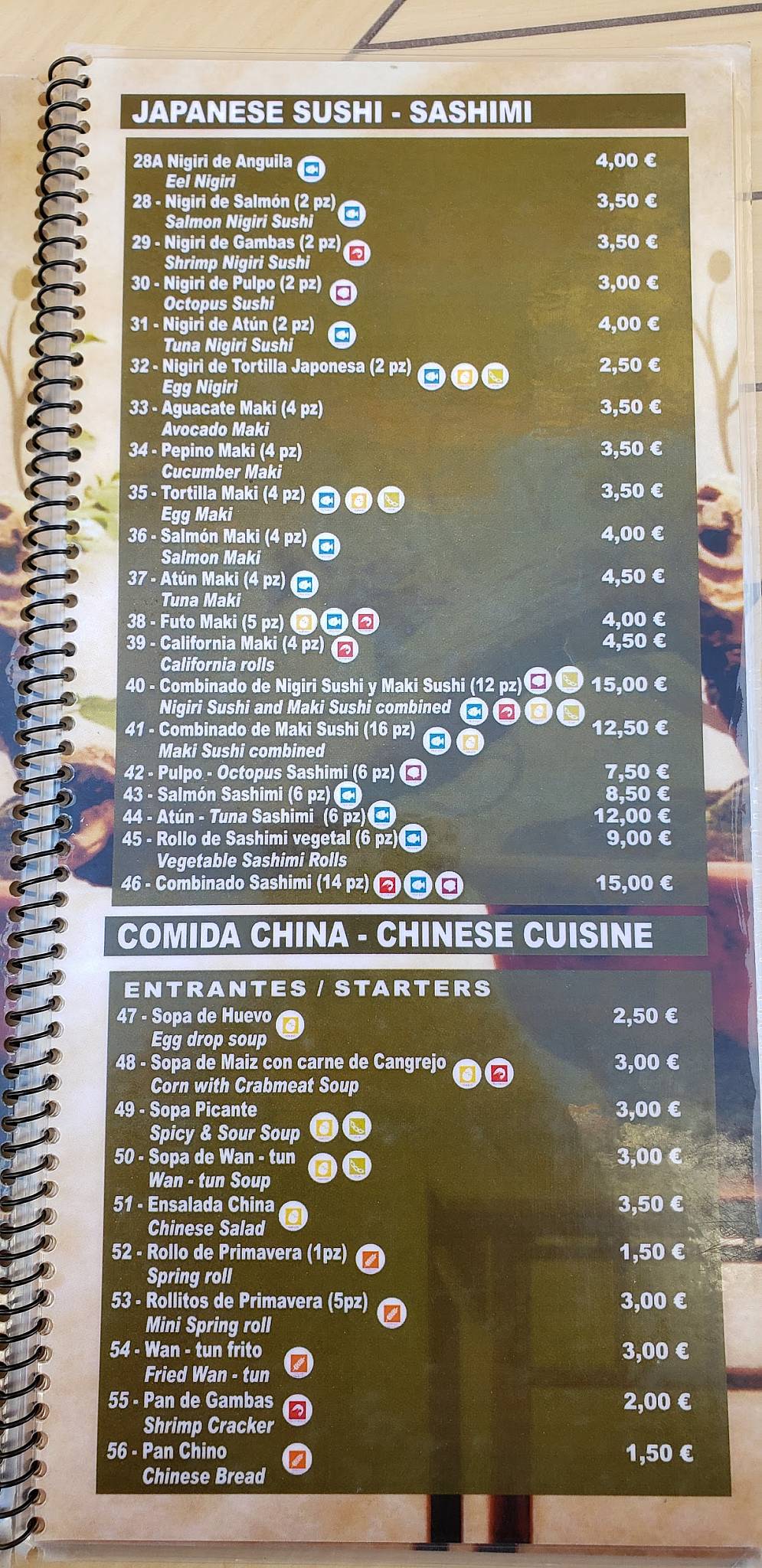 Menu at Zen restaurant, Rota