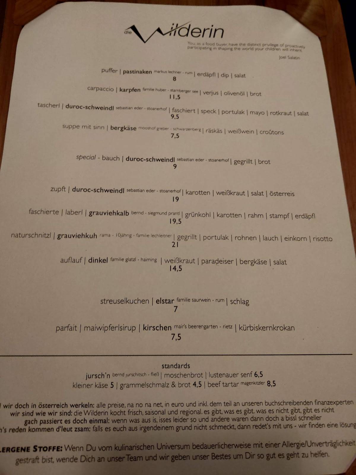 Menu at die Wilderin pub & bar, Innsbruck