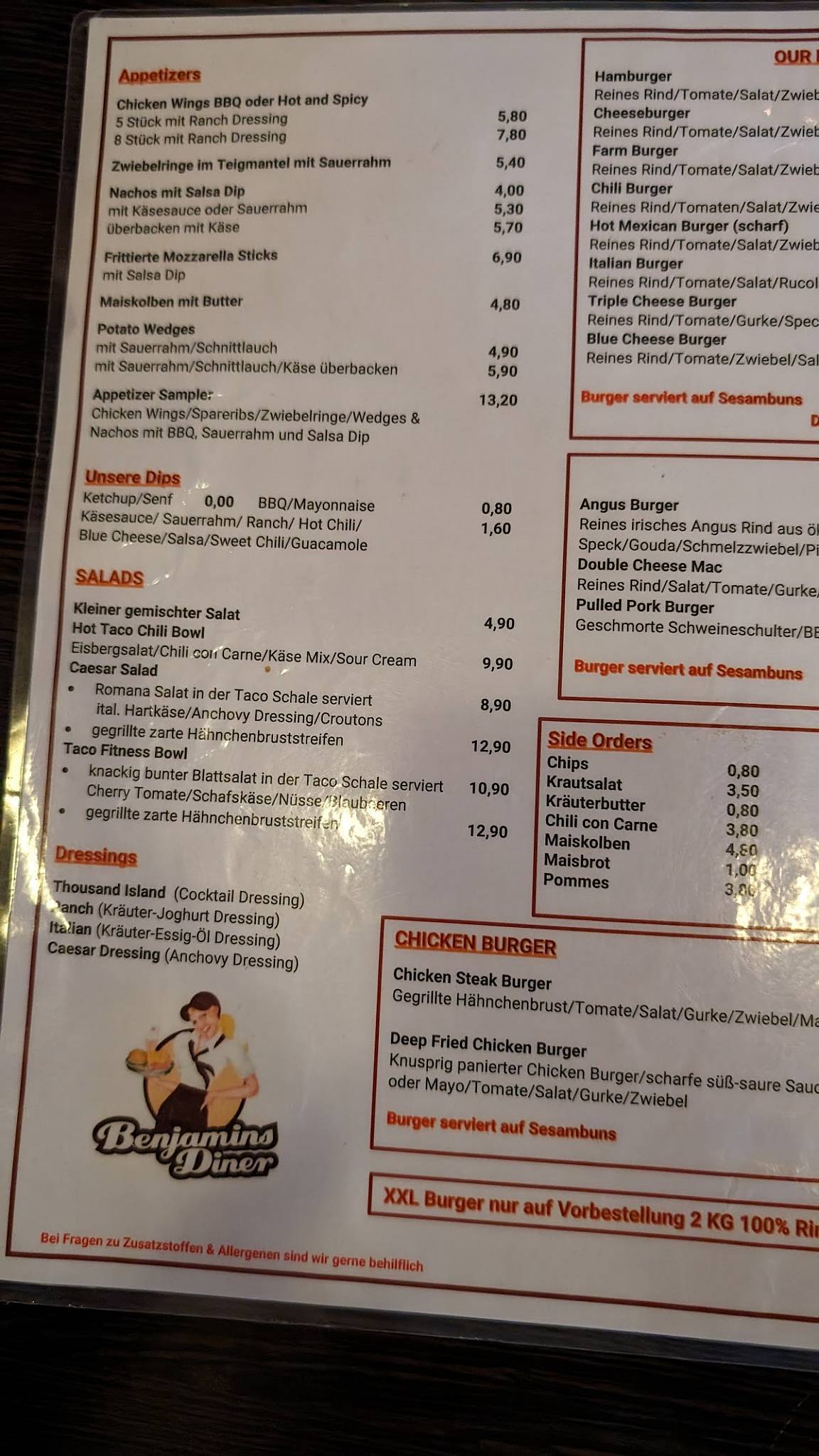 Speisekarte von Benjamins American Diner fast Food, Mannheim