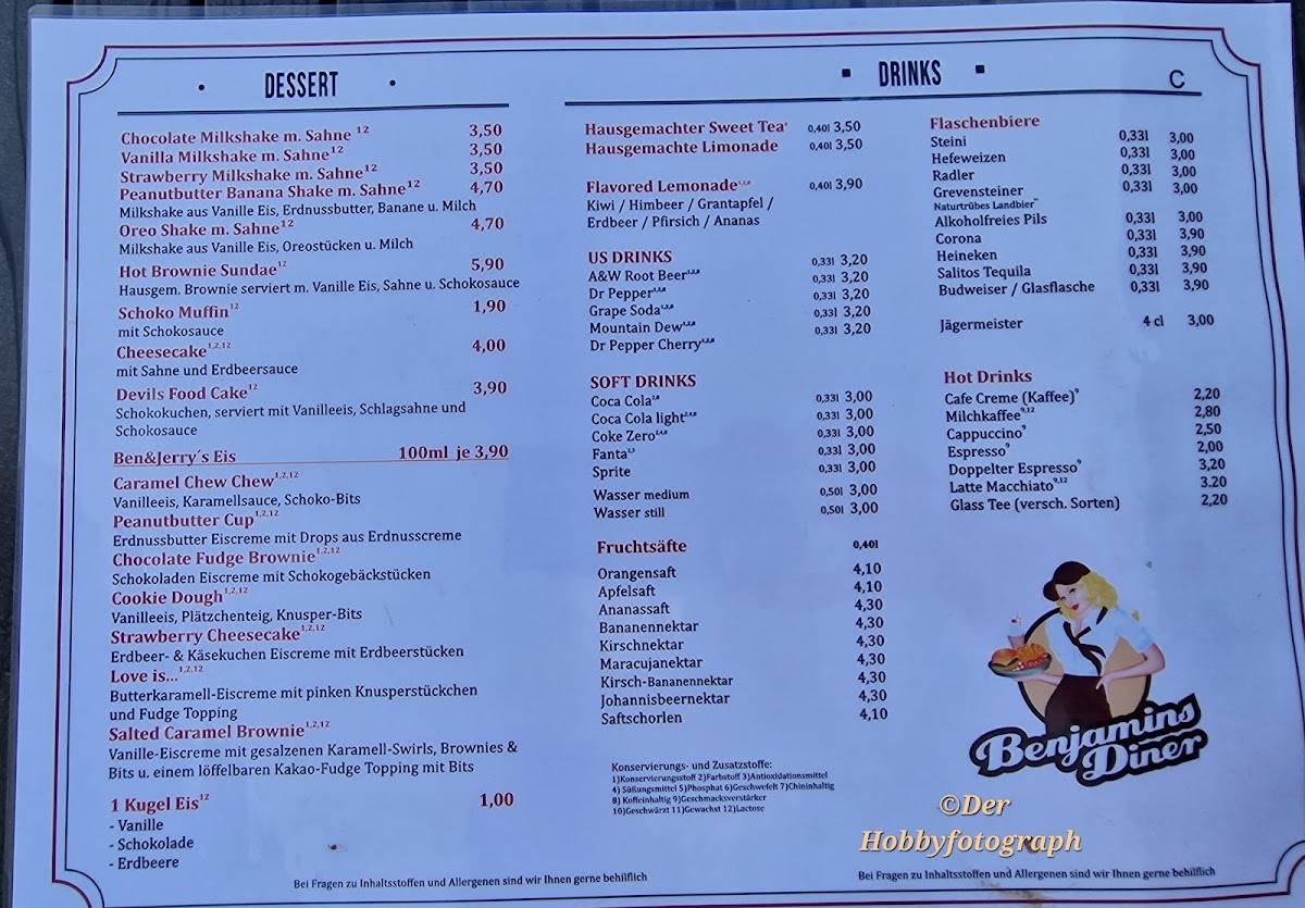 Speisekarte von Benjamins American Diner fast Food, Mannheim