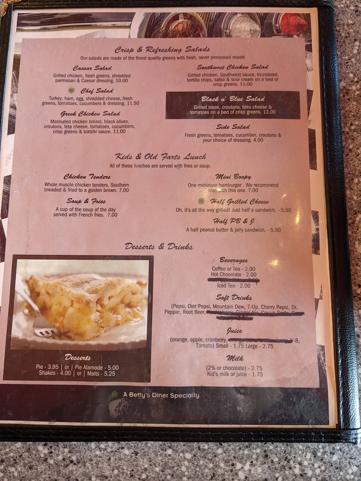 Menu at Betty's Diner cafe, Polson