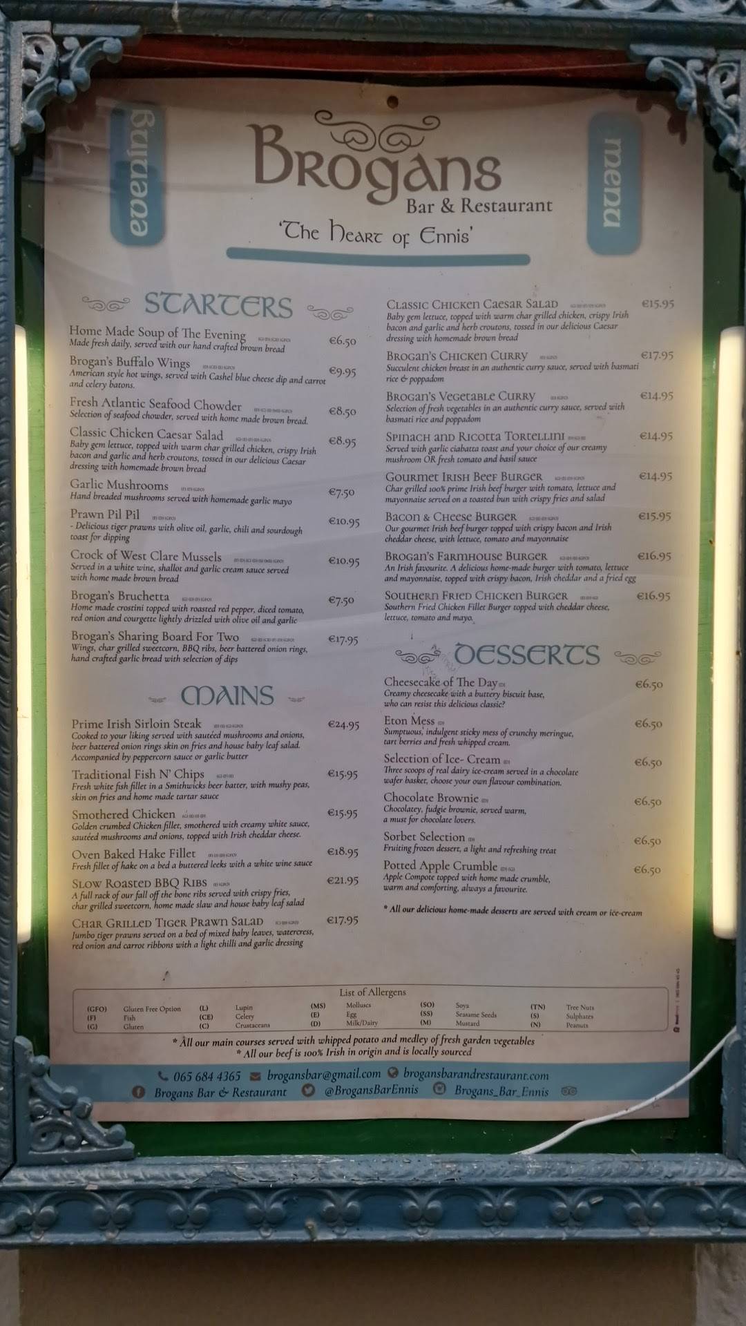 Menu at Brogan's pub & bar, Ennis