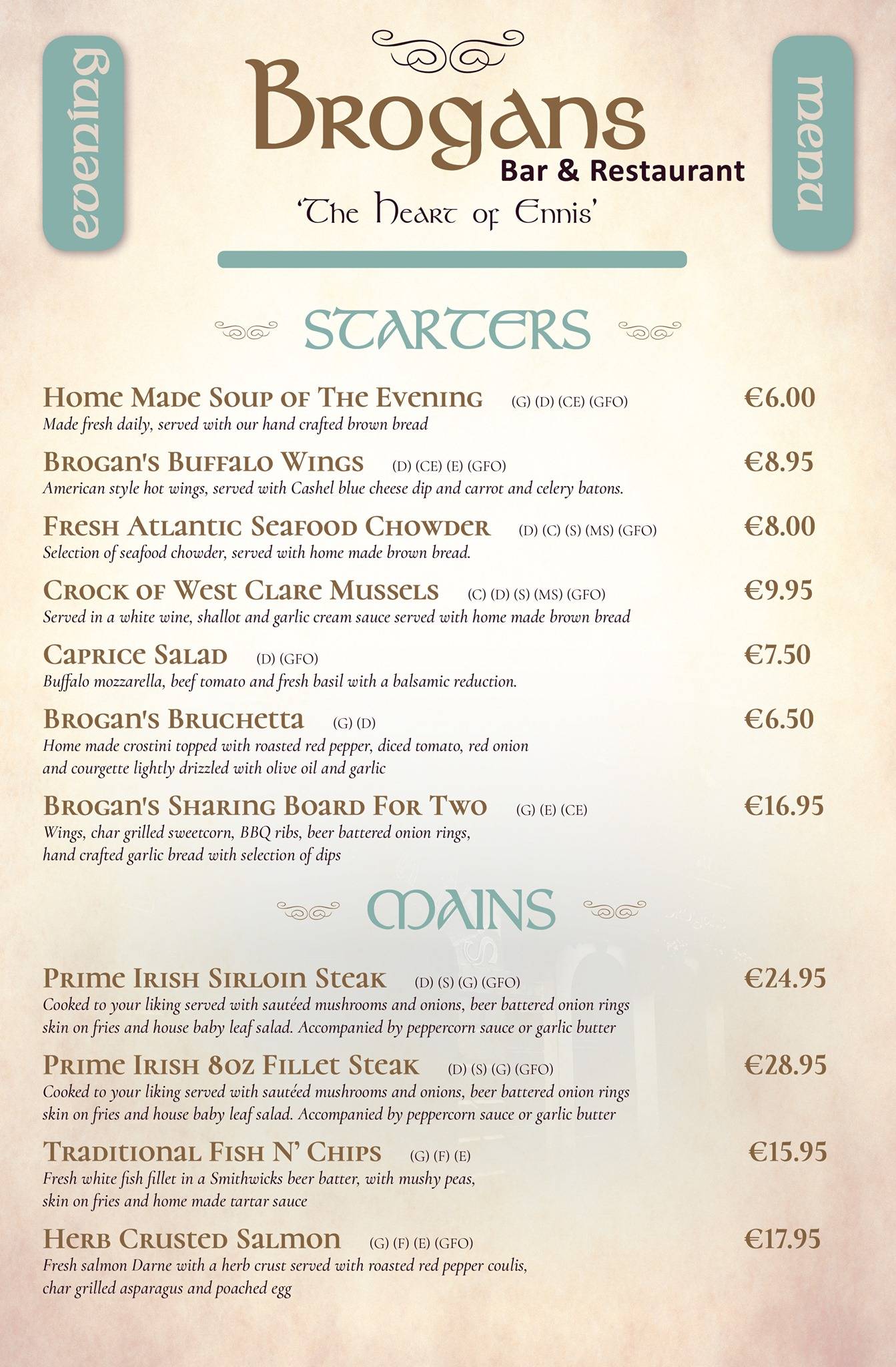Menu at Brogan's pub & bar, Ennis