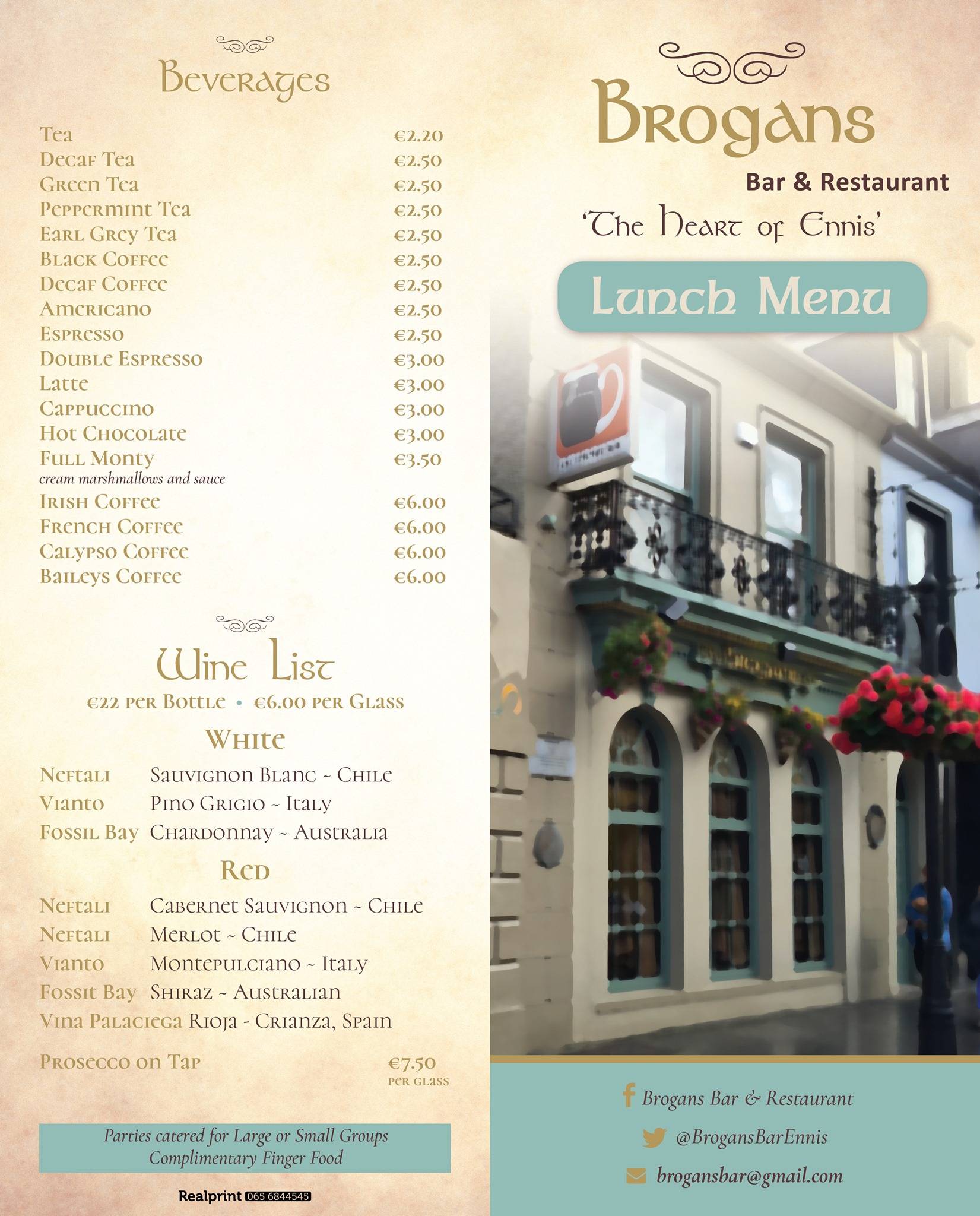 Menu at Brogan's pub & bar, Ennis