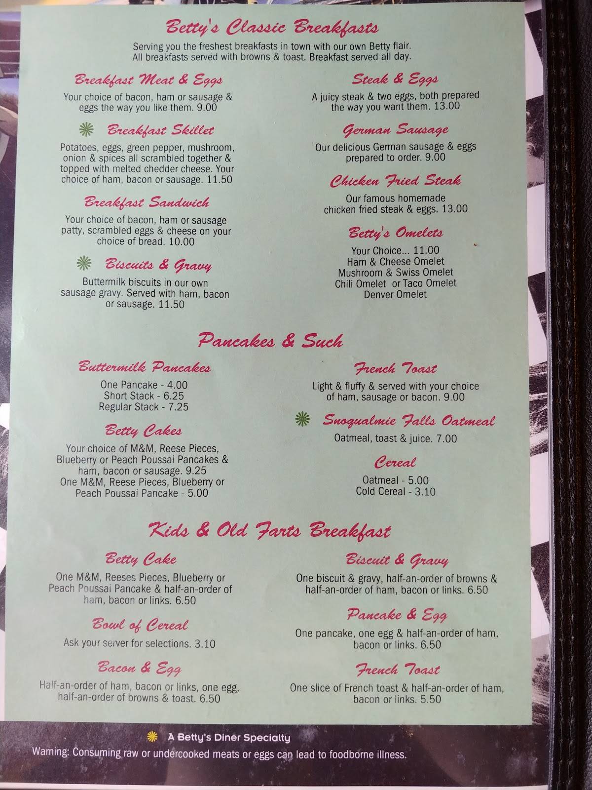 Menu at Betty's Diner cafe, Polson