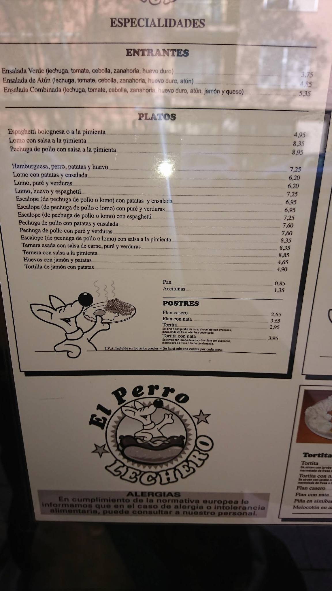 Carta de Cafetería El Perro Lechero, Palma de Mallorca