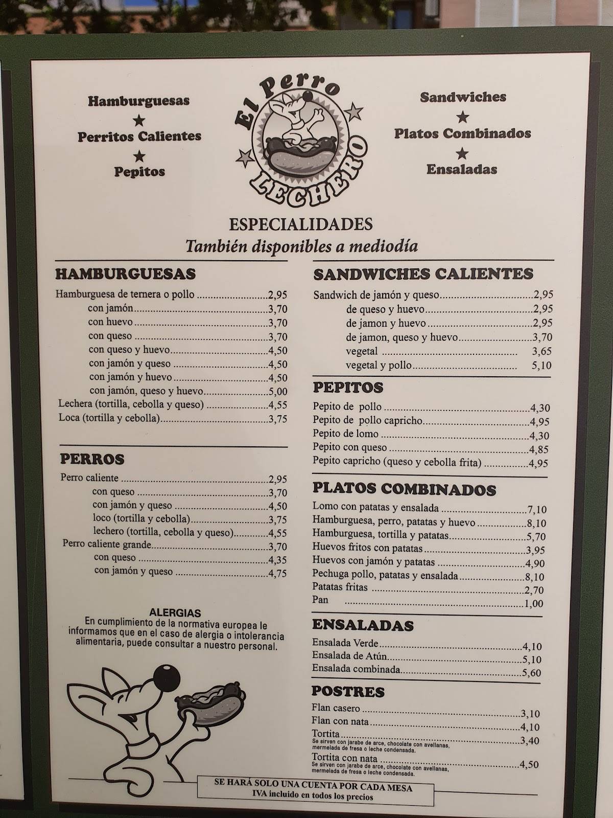 Carta de Cafetería El Perro Lechero, Palma de Mallorca