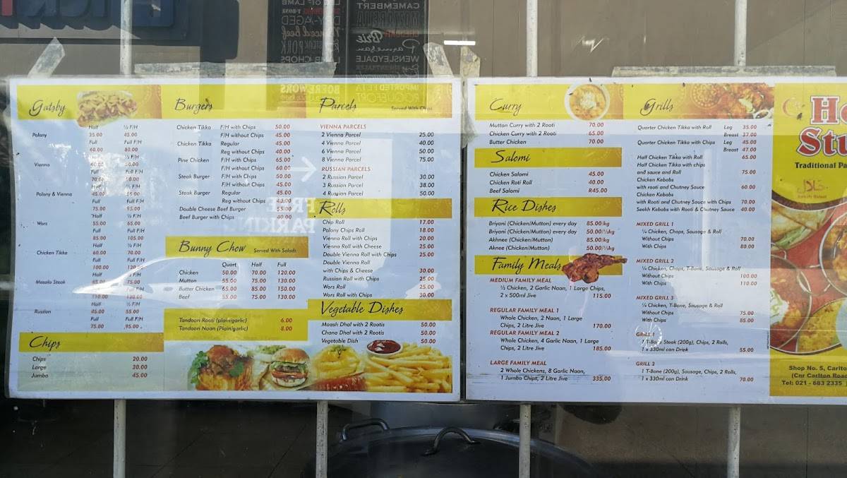 Menu at Hot Stuff restaurant, Cape Town, Carlton Rd