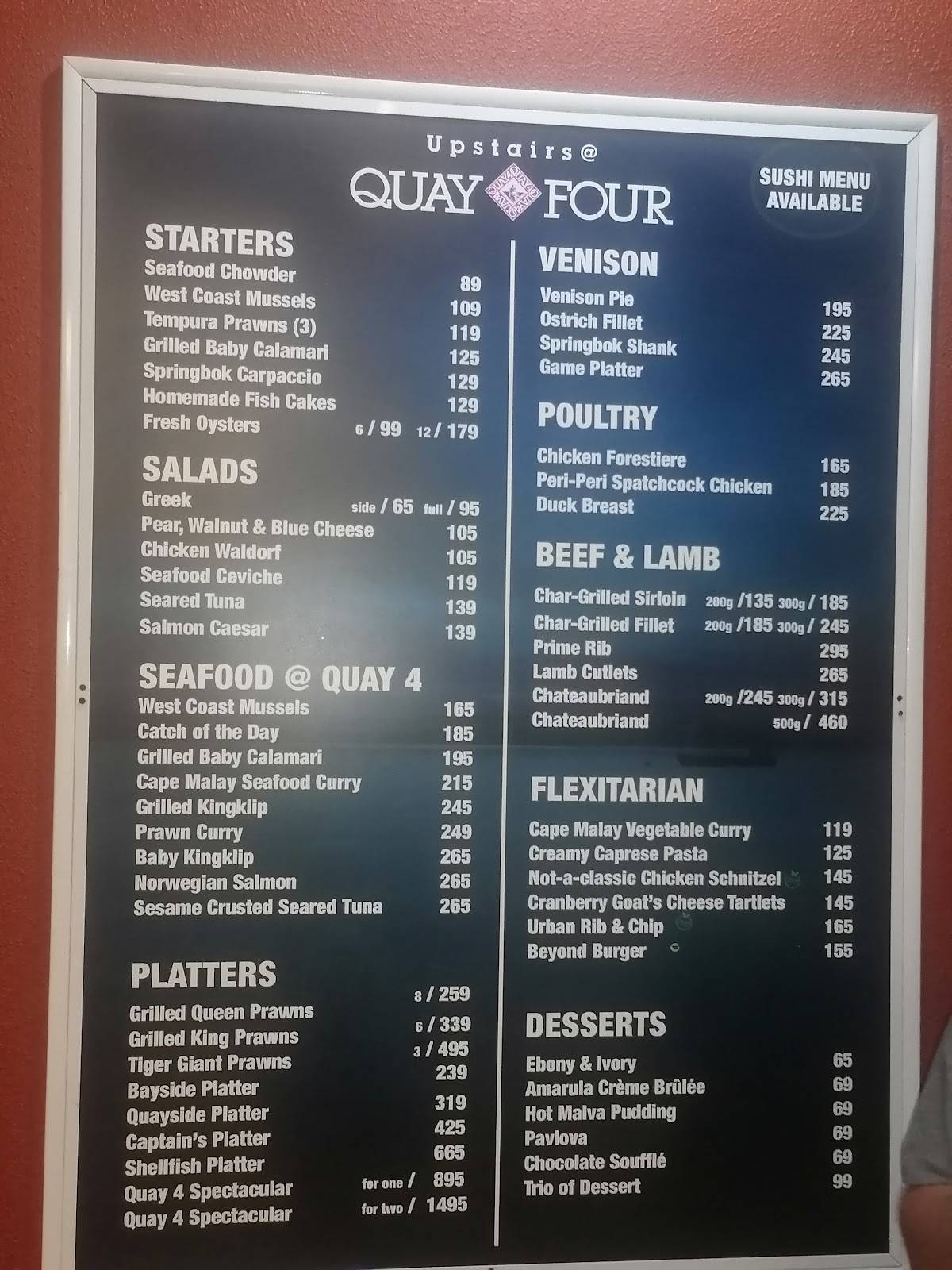 Menu at Quay Four Restaurant, Cape Town, Quay