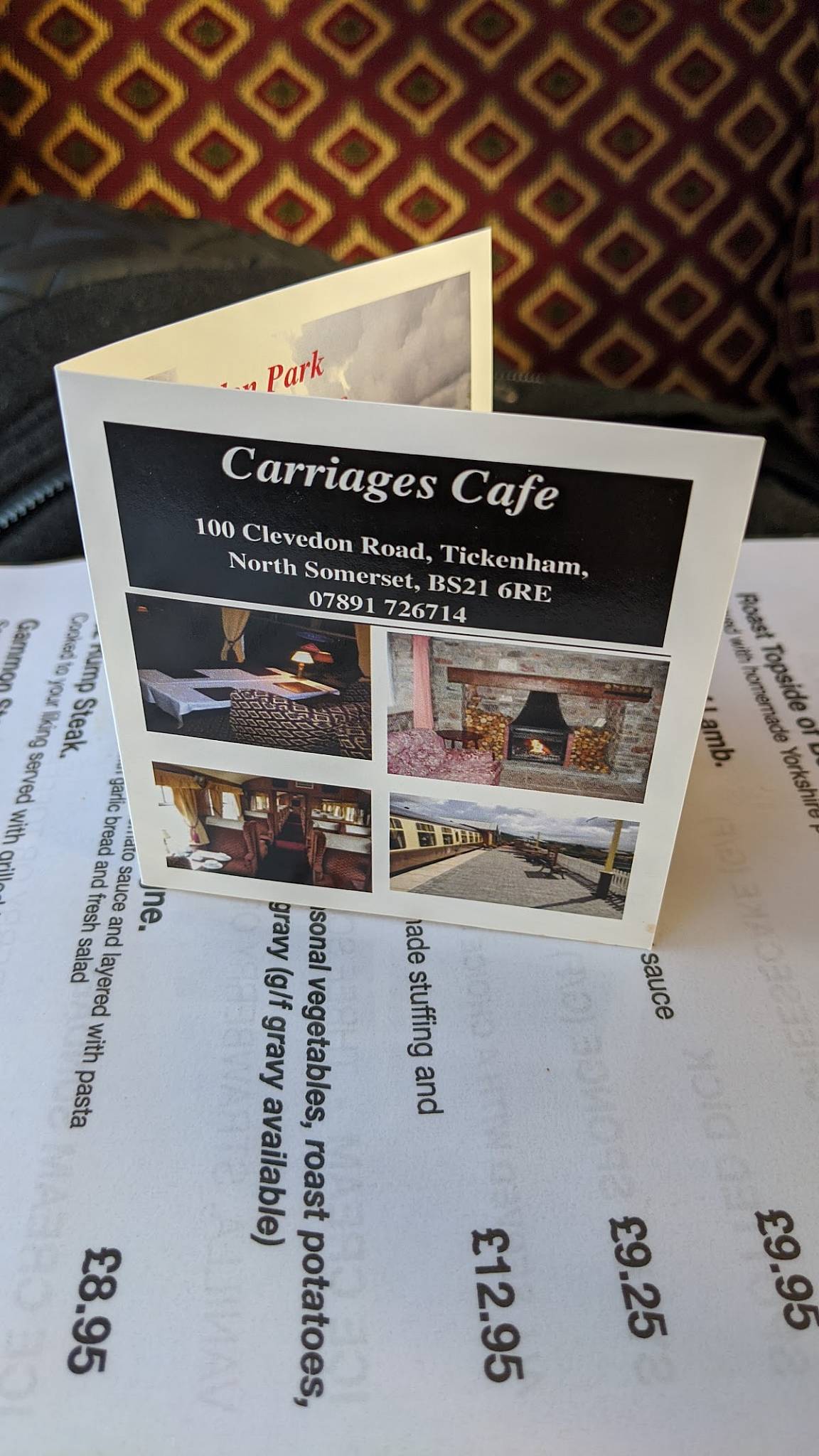 Menu at Carriages cafe, Clevedon