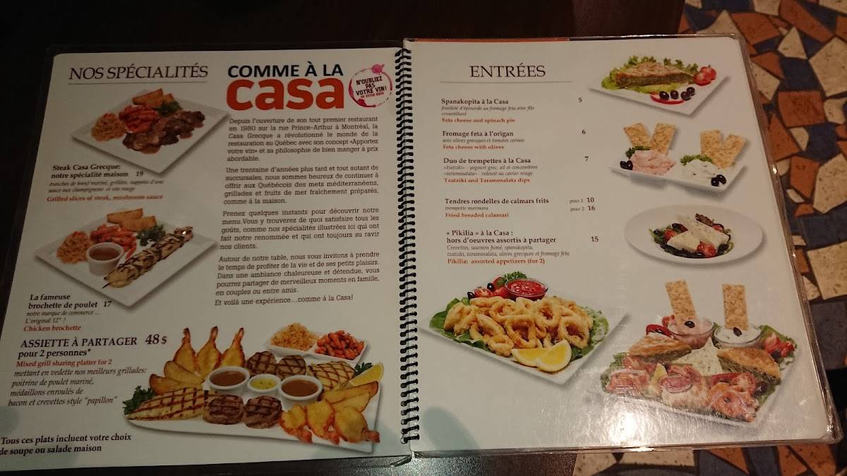 Menu au Casa Grecque restaurant, Saint-Jean-sur-Richelieu