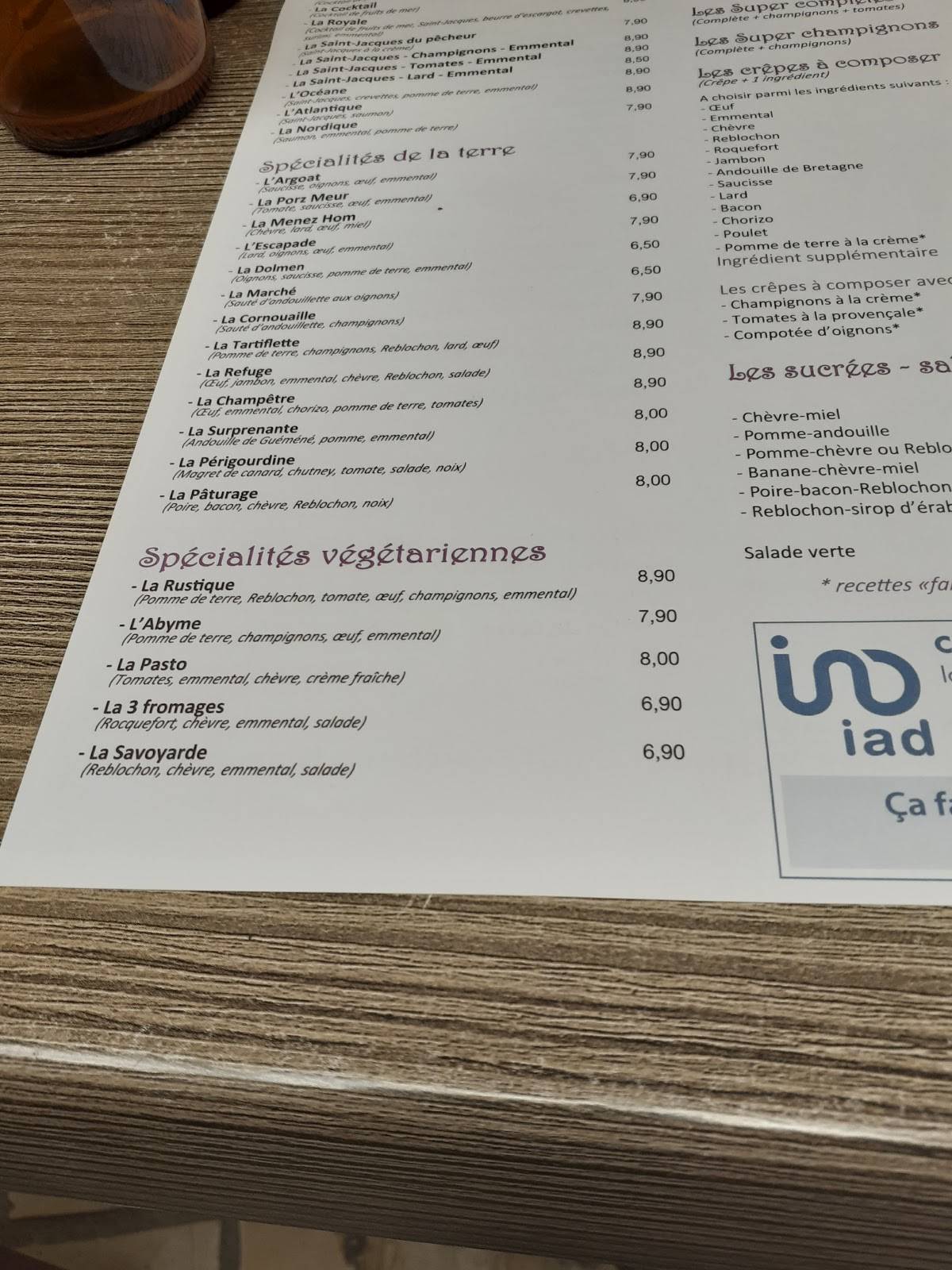 Menu au Crêperie An Ty Coz Pointe de l'Armorique restaurant, Plougastel-Daoulas