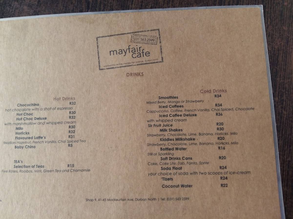 Menu at Mayfair Cafe., Durban