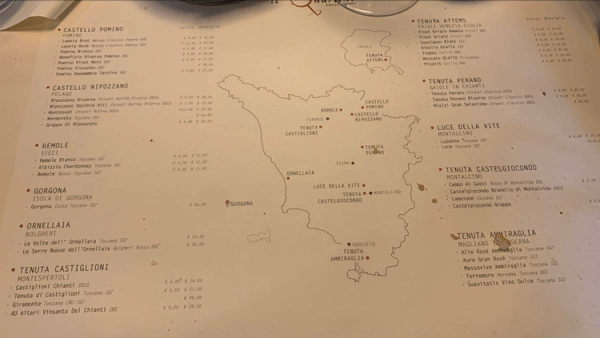 Menu da Enoteca Il Quartino di Marchesi Frescobaldi pub & bar, Pelago