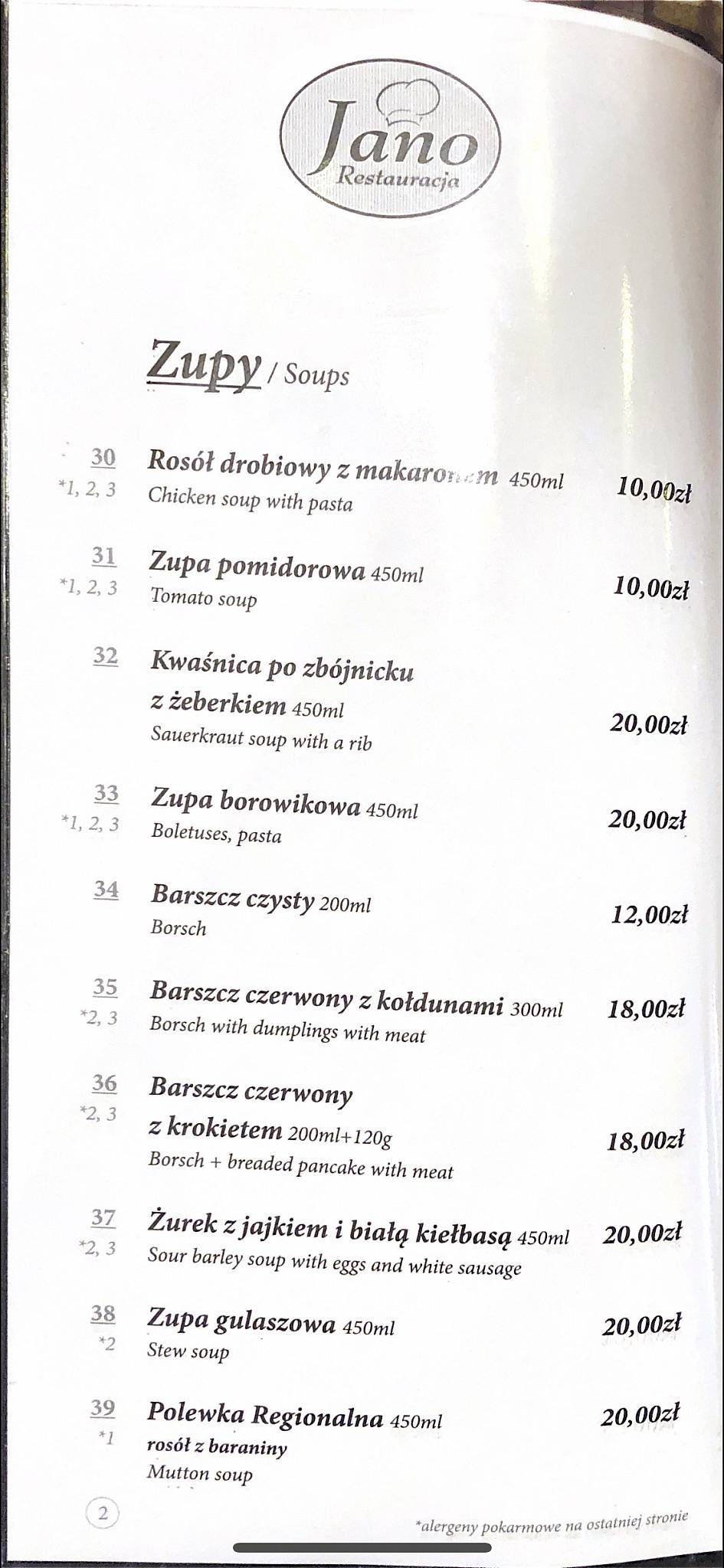 Menu at Jano restaurant, Kościelisko