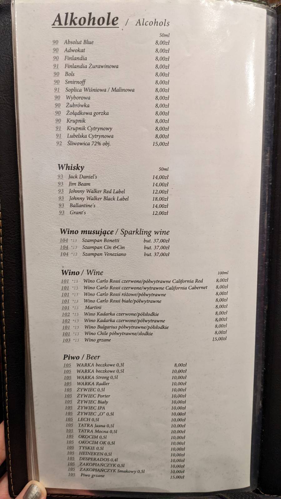 Menu at Jano restaurant, Kościelisko