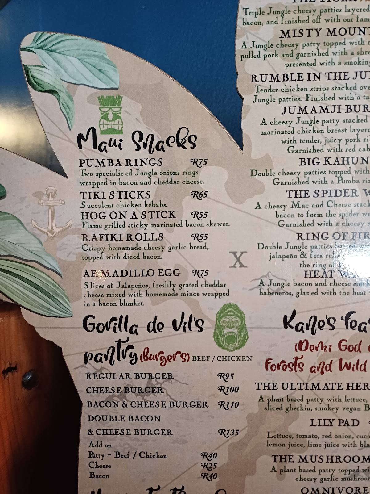 Menu at Jungle restaurant, Johannesburg