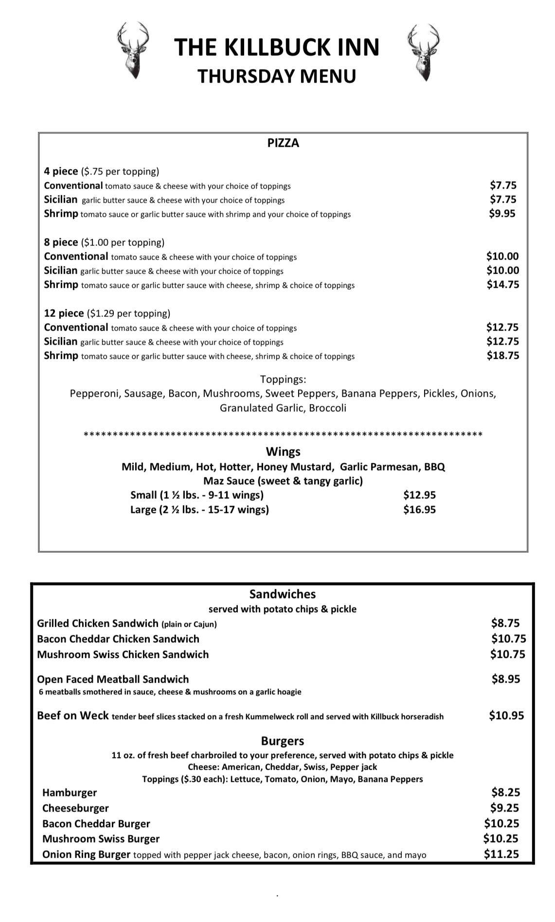 Menu at Killbuck Inn restaurant, Canisteo, NY-36