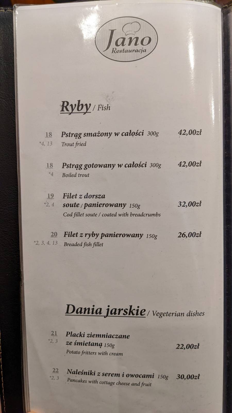 Menu at Jano restaurant, Kościelisko