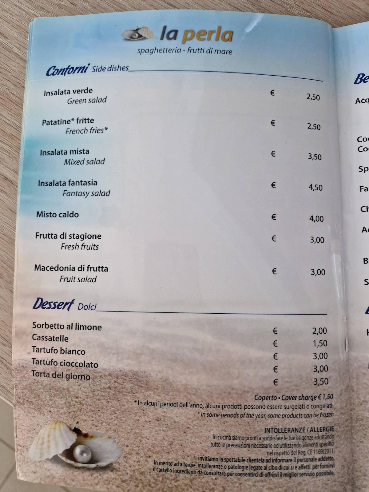 Menu da La Perla ristorante, Balestrate