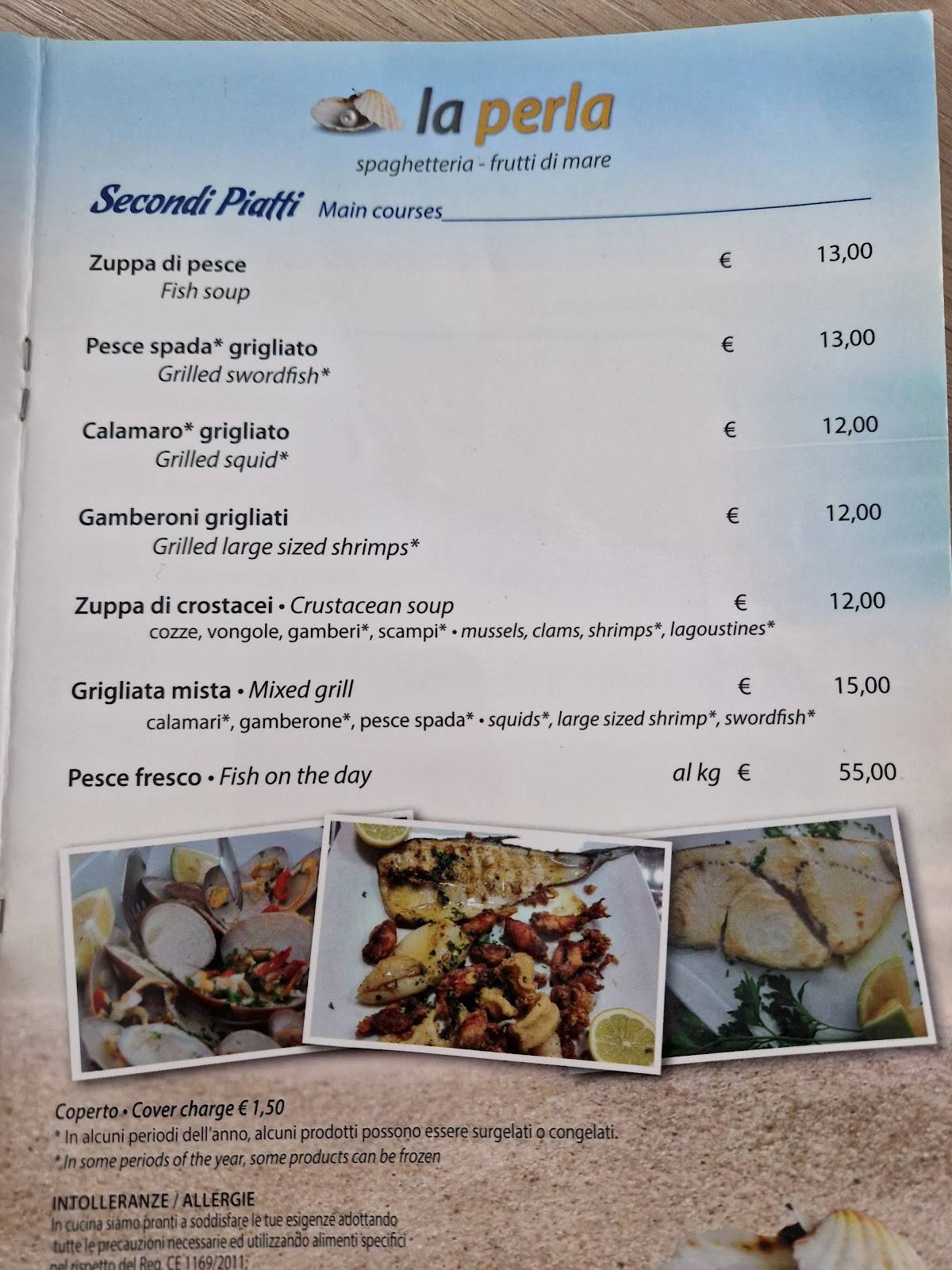 Menu da La Perla ristorante, Balestrate