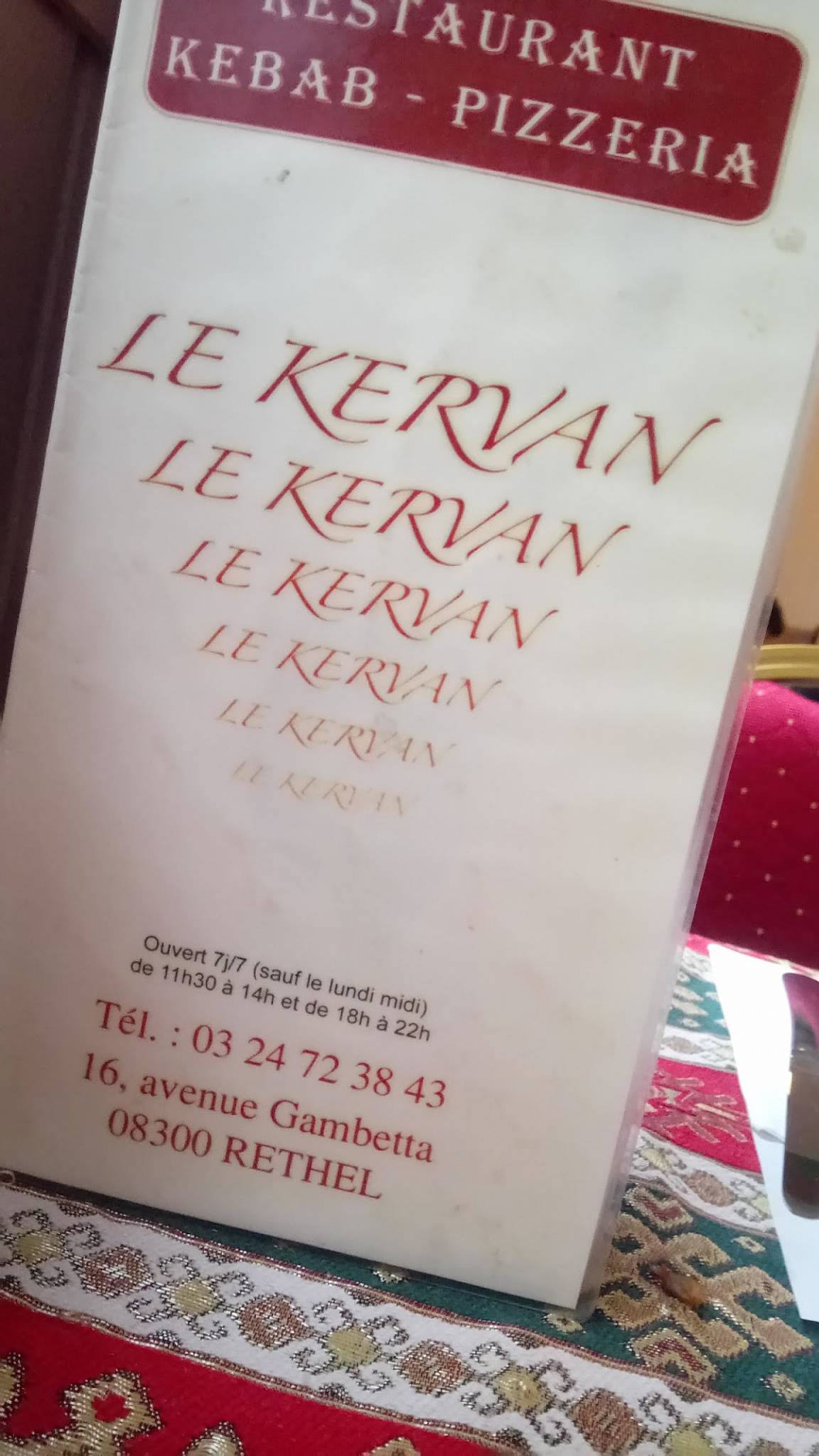 Menu au Le Kervan restaurant, Rethel