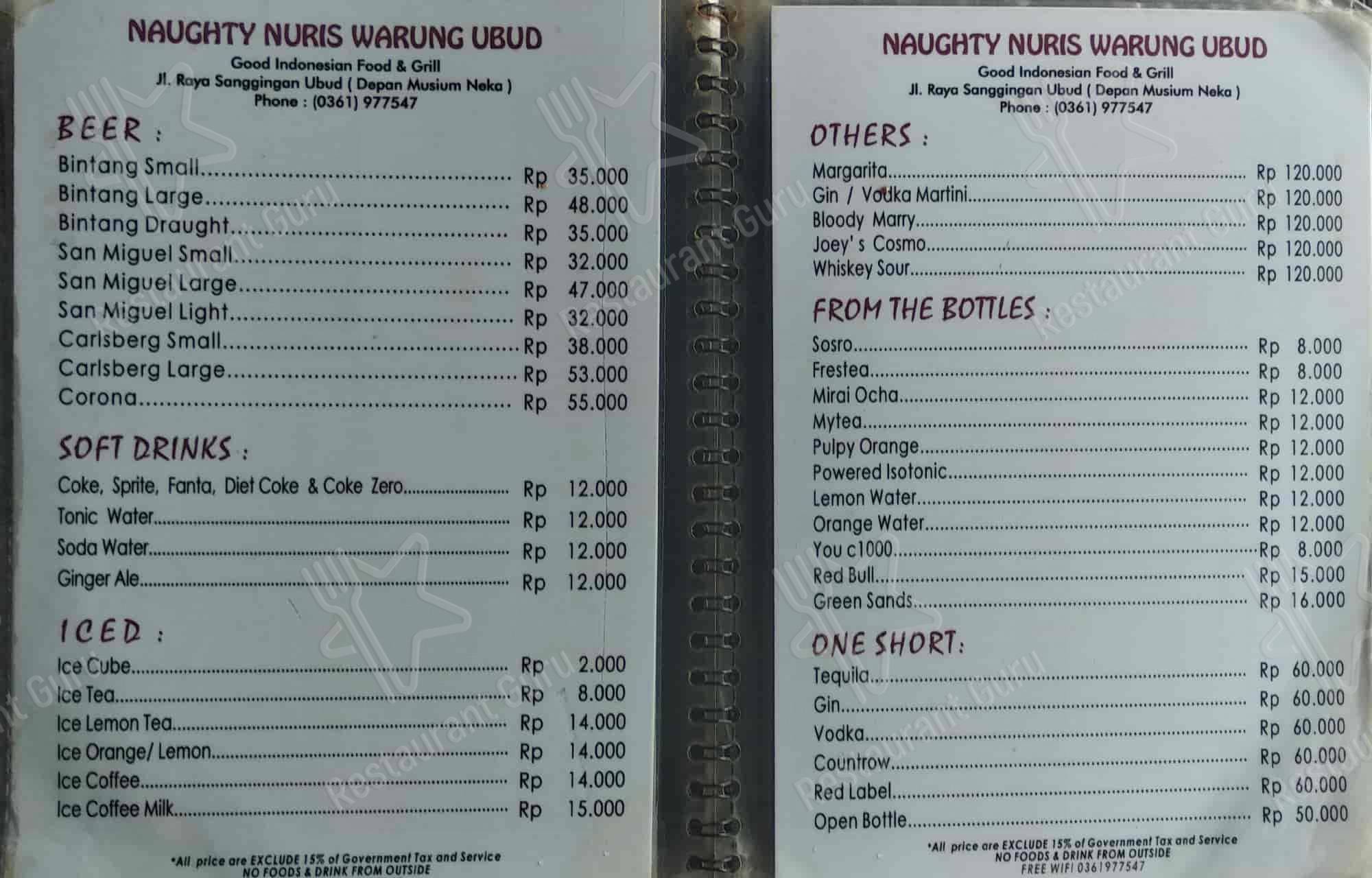 Menu at Naughty Nuri's Ubud restaurant, Ubud