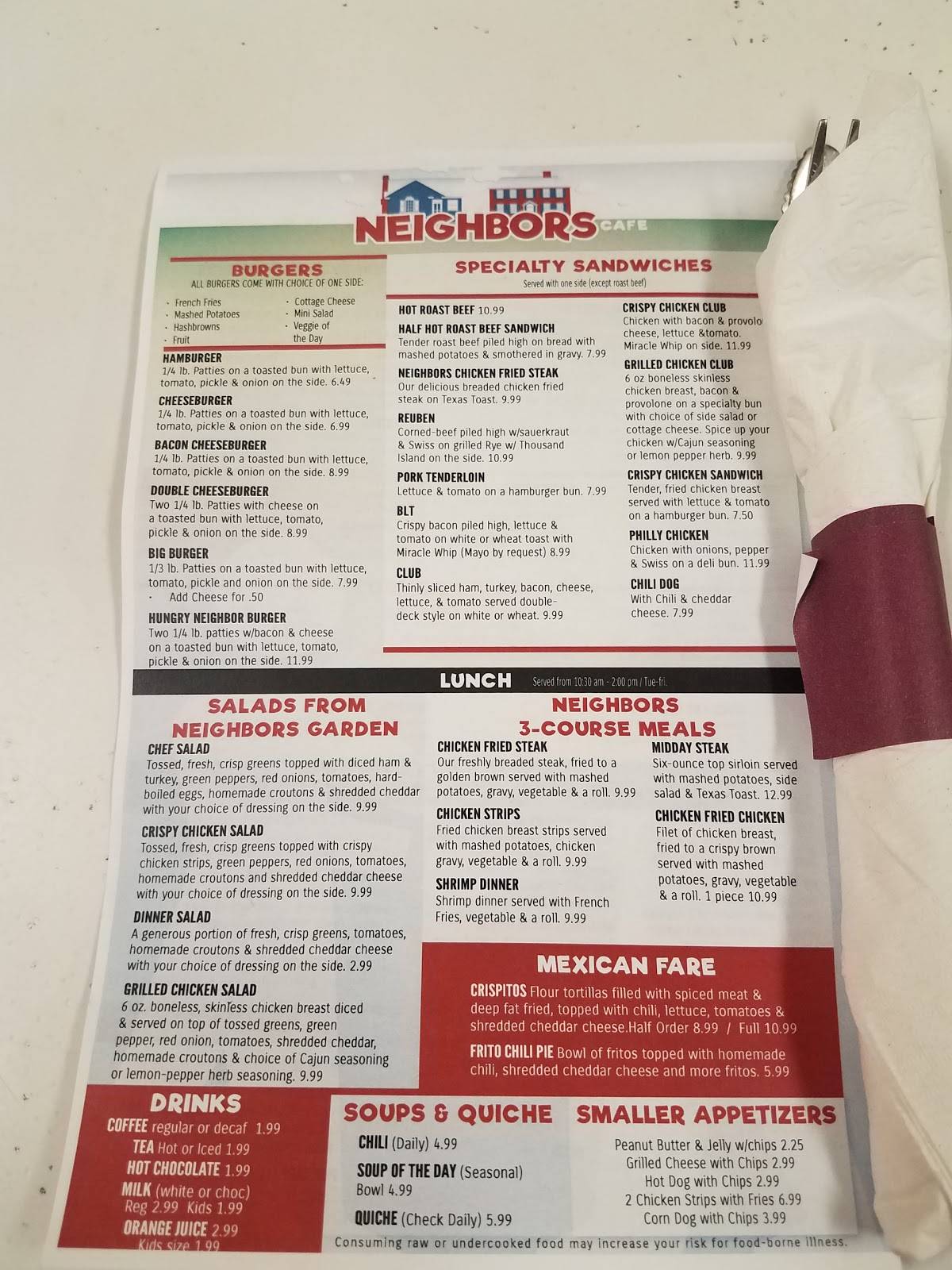 Menu at Neighbors Café restaurant, McPherson