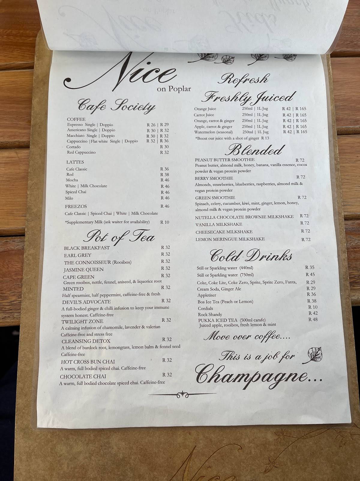 Menu at Nice on Poplar restaurant, Johannesburg