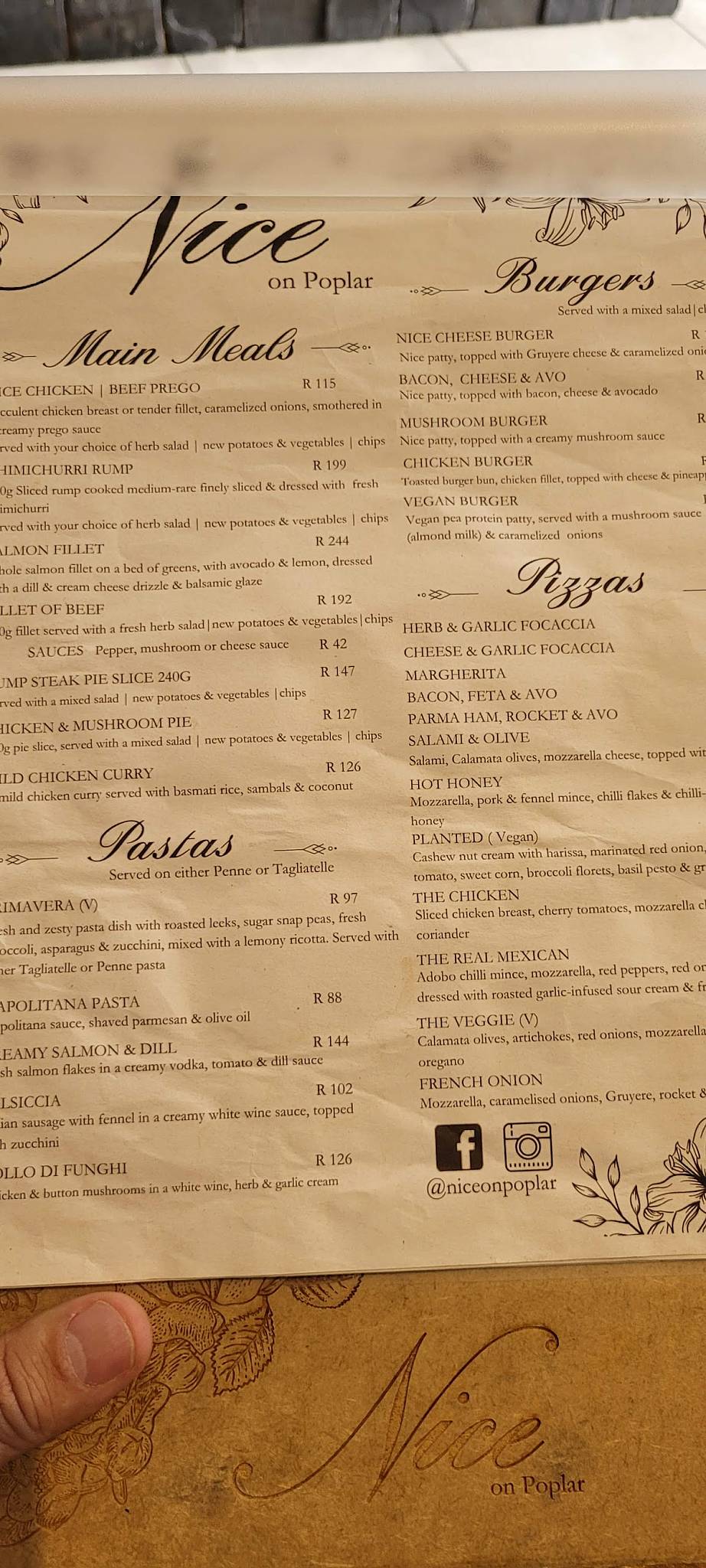 Menu at Nice on Poplar restaurant, Johannesburg