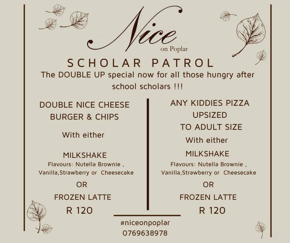 Menu at Nice on Poplar restaurant, Johannesburg