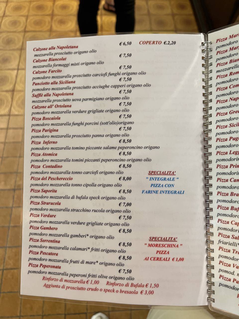 Menu da Al Faro pizzeria, Ivrea