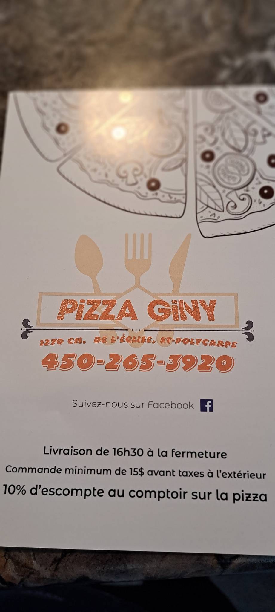 Menu au Pizza Giny pizzeria, Saint-Polycarpe