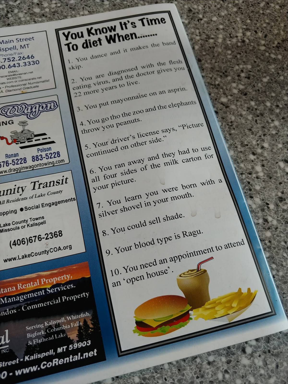 Menu at Betty's Diner cafe, Polson