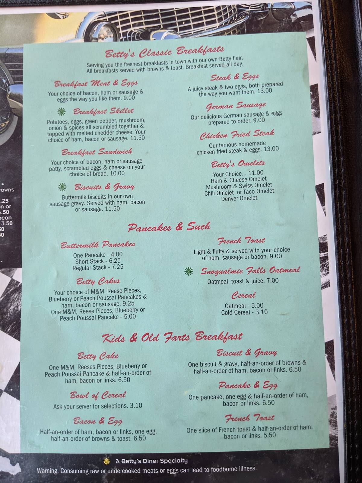 Menu at Betty's Diner cafe, Polson