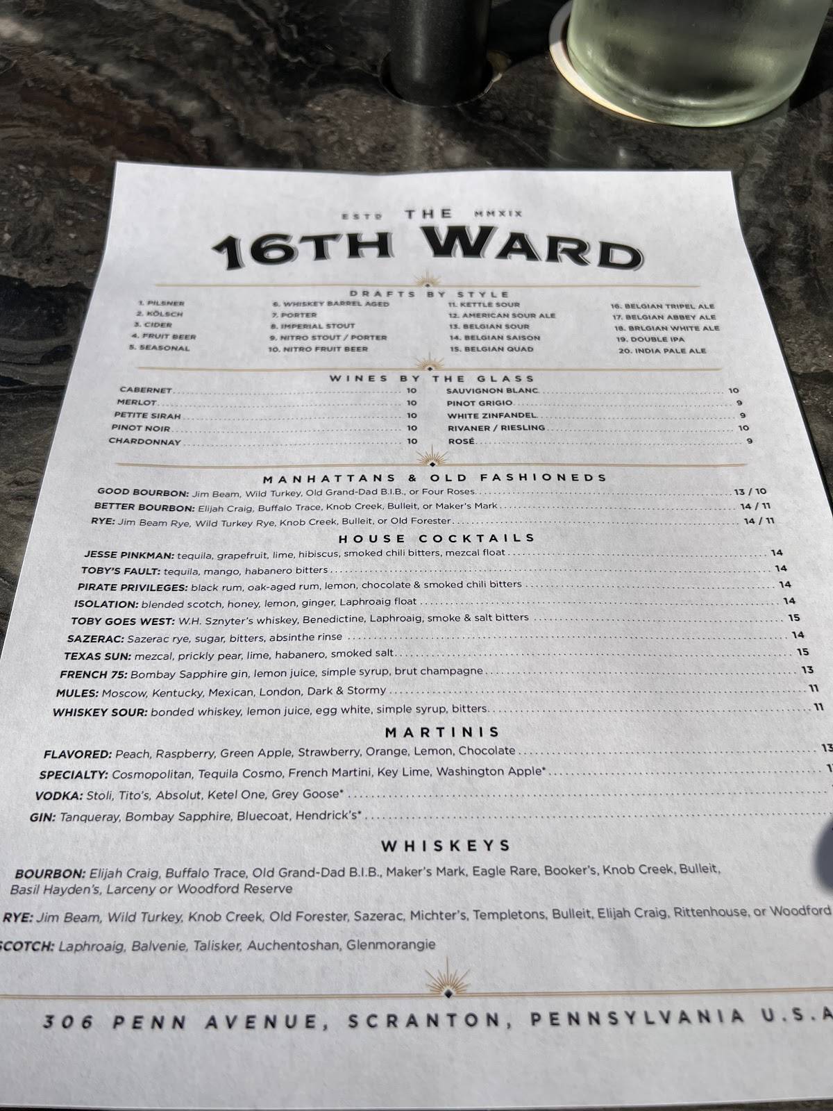 Menu at The 16th Ward pub & bar, Scranton
