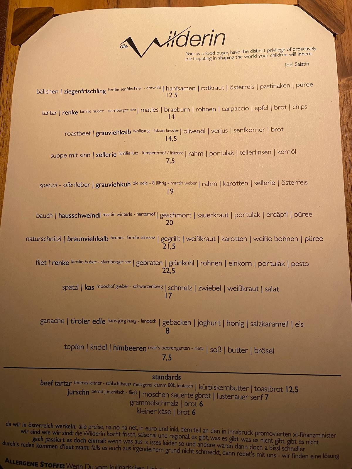 Menu at die Wilderin pub & bar, Innsbruck