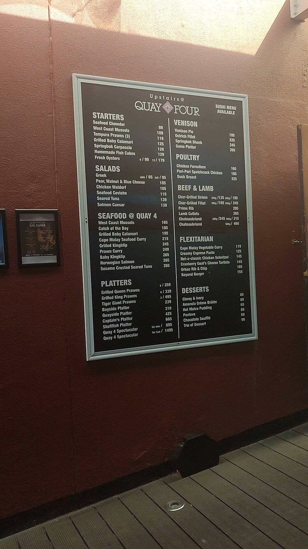 Menu at Quay Four Restaurant, Cape Town, Quay