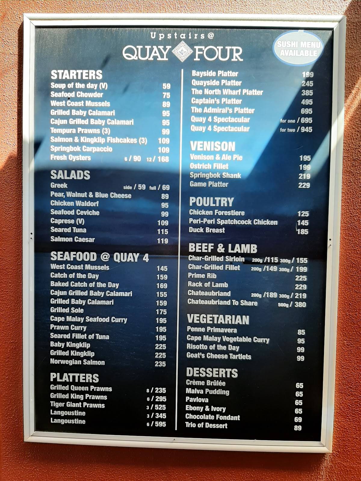 Menu at Quay Four Restaurant, Cape Town, Quay