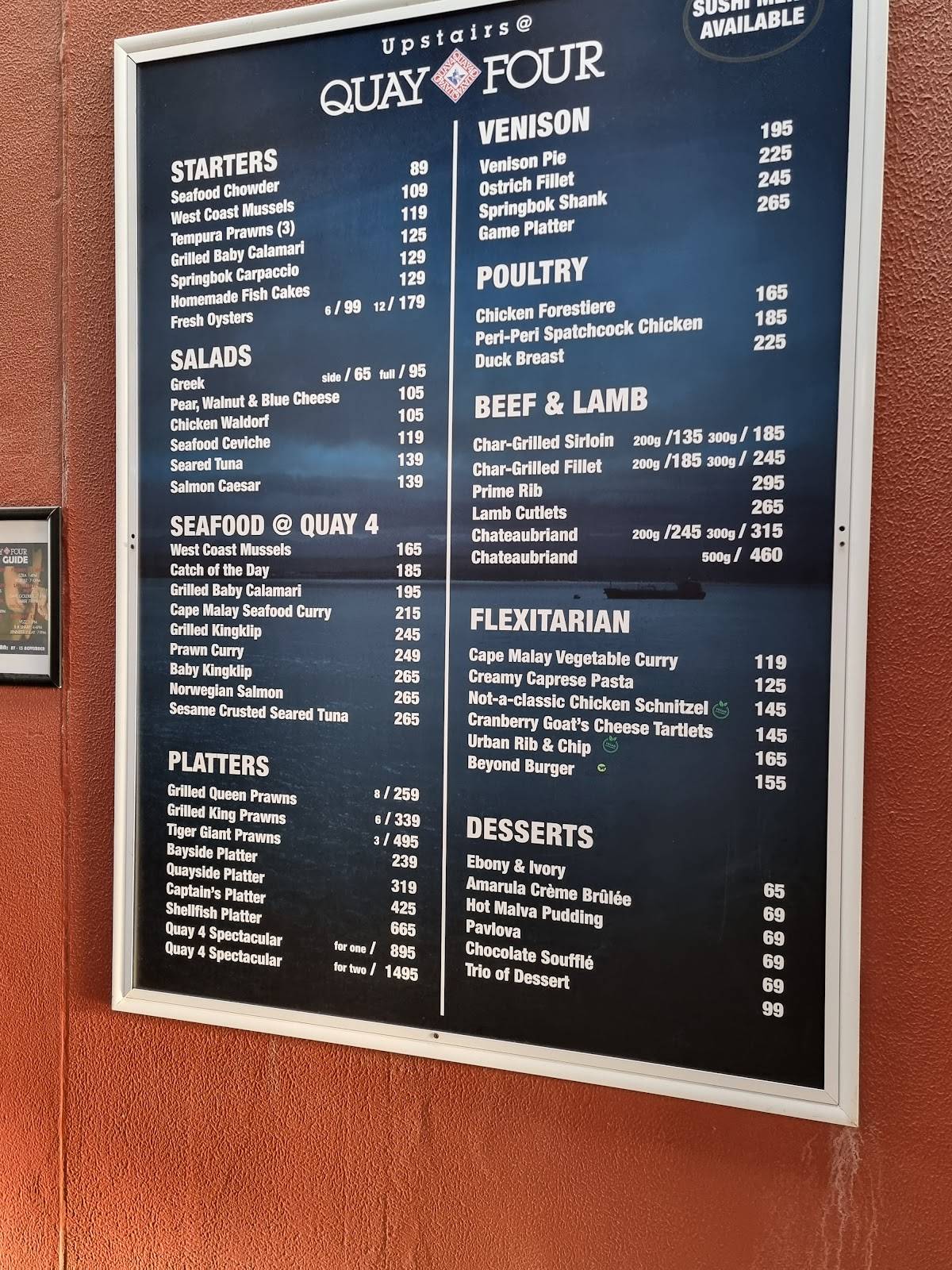 Menu at Quay Four Restaurant, Cape Town, Quay