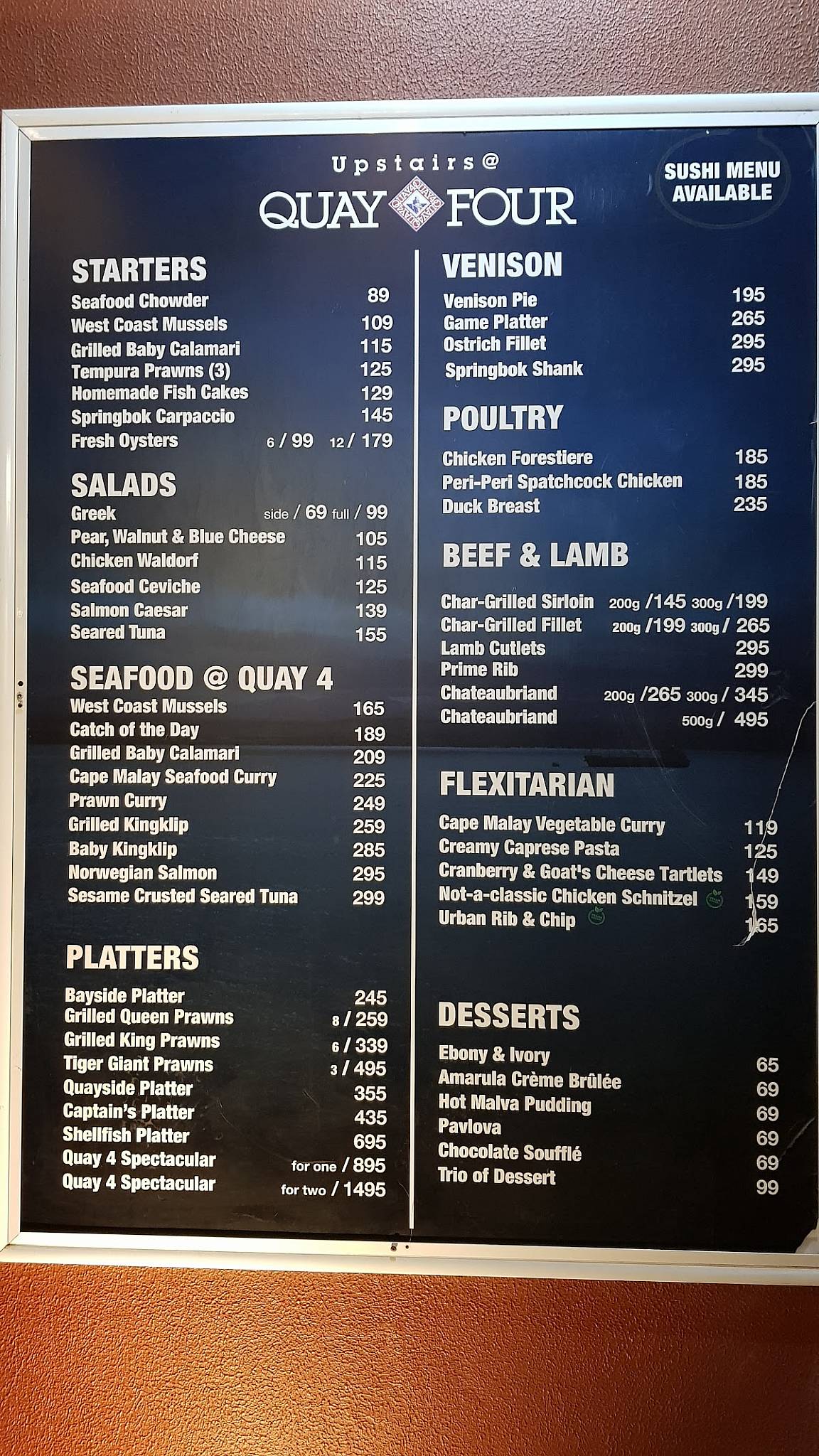 Menu at Quay Four Restaurant, Cape Town, Quay