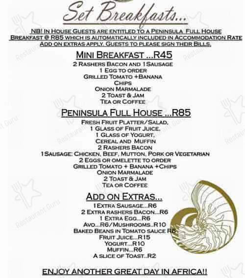 Menu at African Peninsula Guest House & Restaurant, Durban