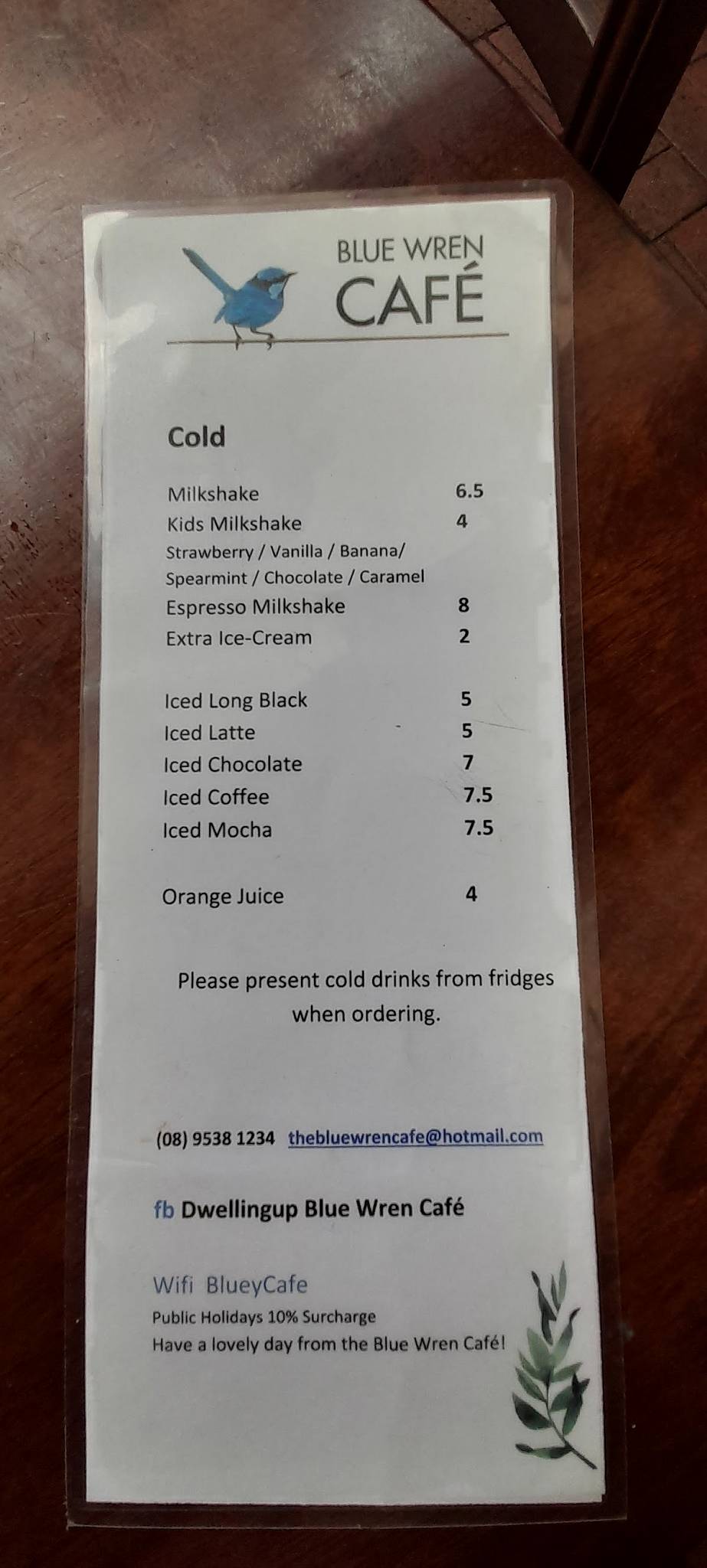 Menu at Blue Wren Cafe Dwellingup, Dwellingup