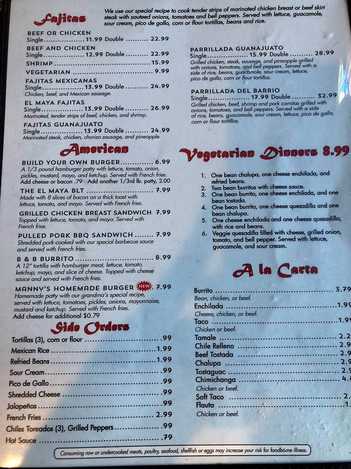 Menu at El Maya Mexican Cuisine restaurant, Alva, 832 Alva Street