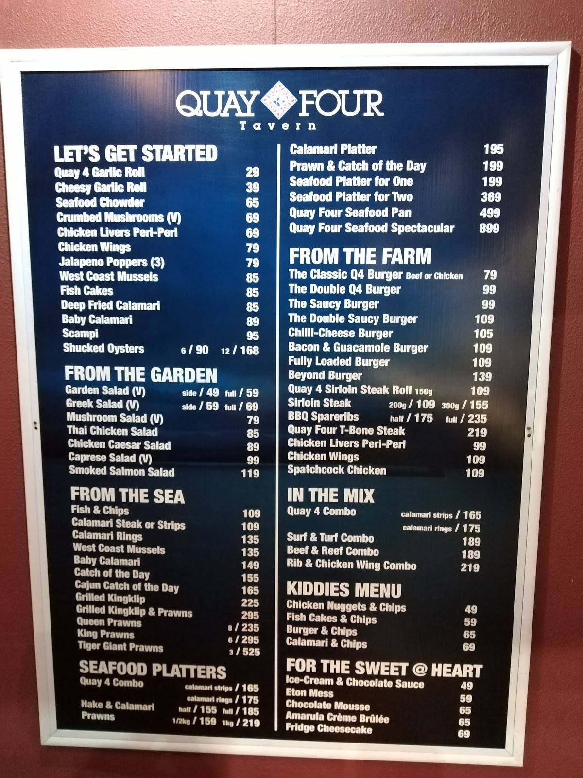 Menu at Quay Four Restaurant, Cape Town, Quay