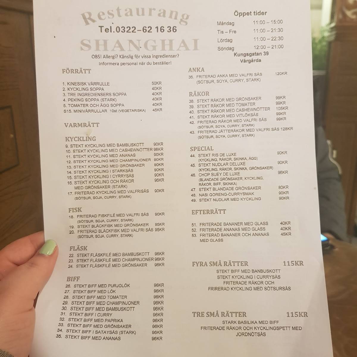 Menu at SHANGHAI restaurant, Vårgårda