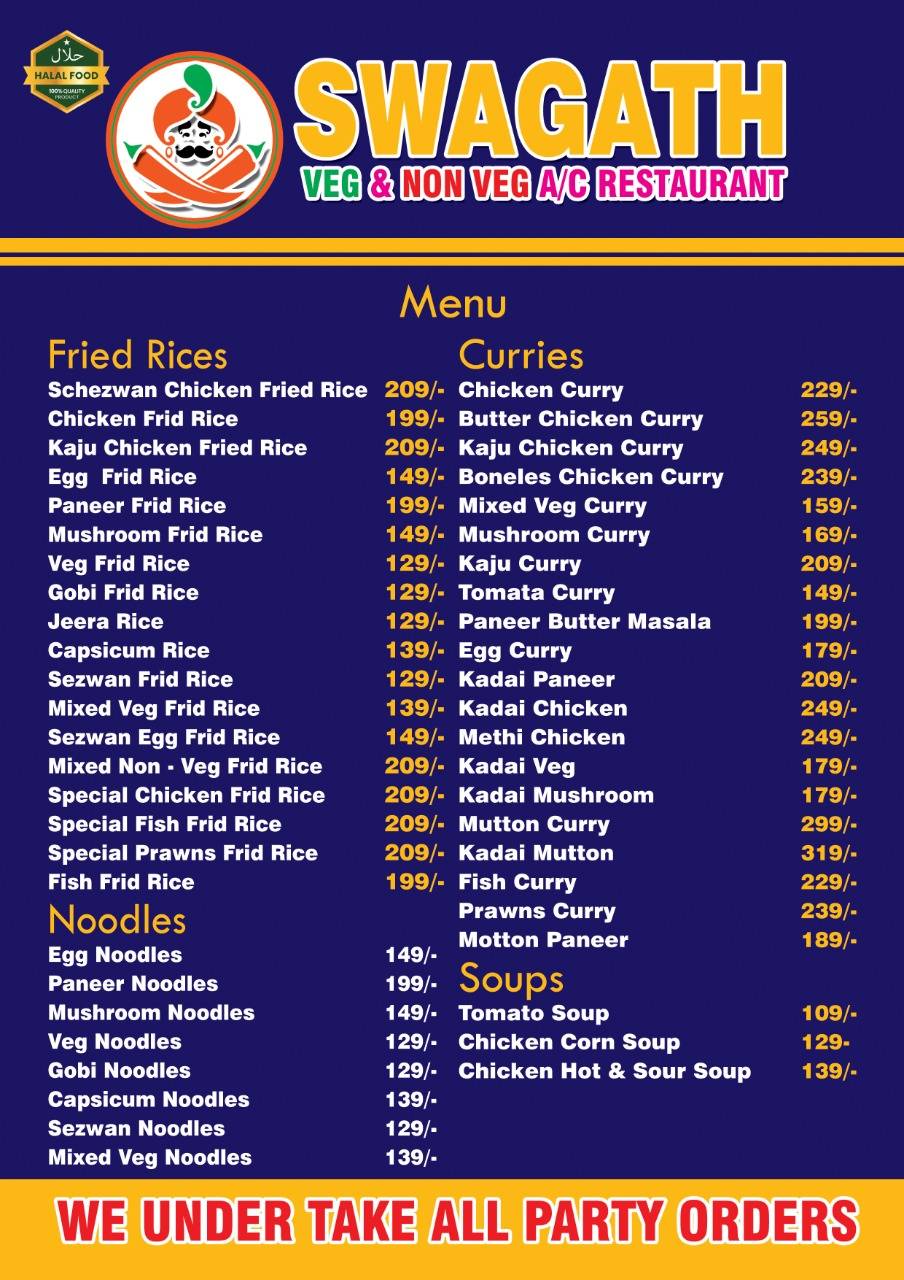 Menu at SWAGATH RESTAURANT, Tirupati