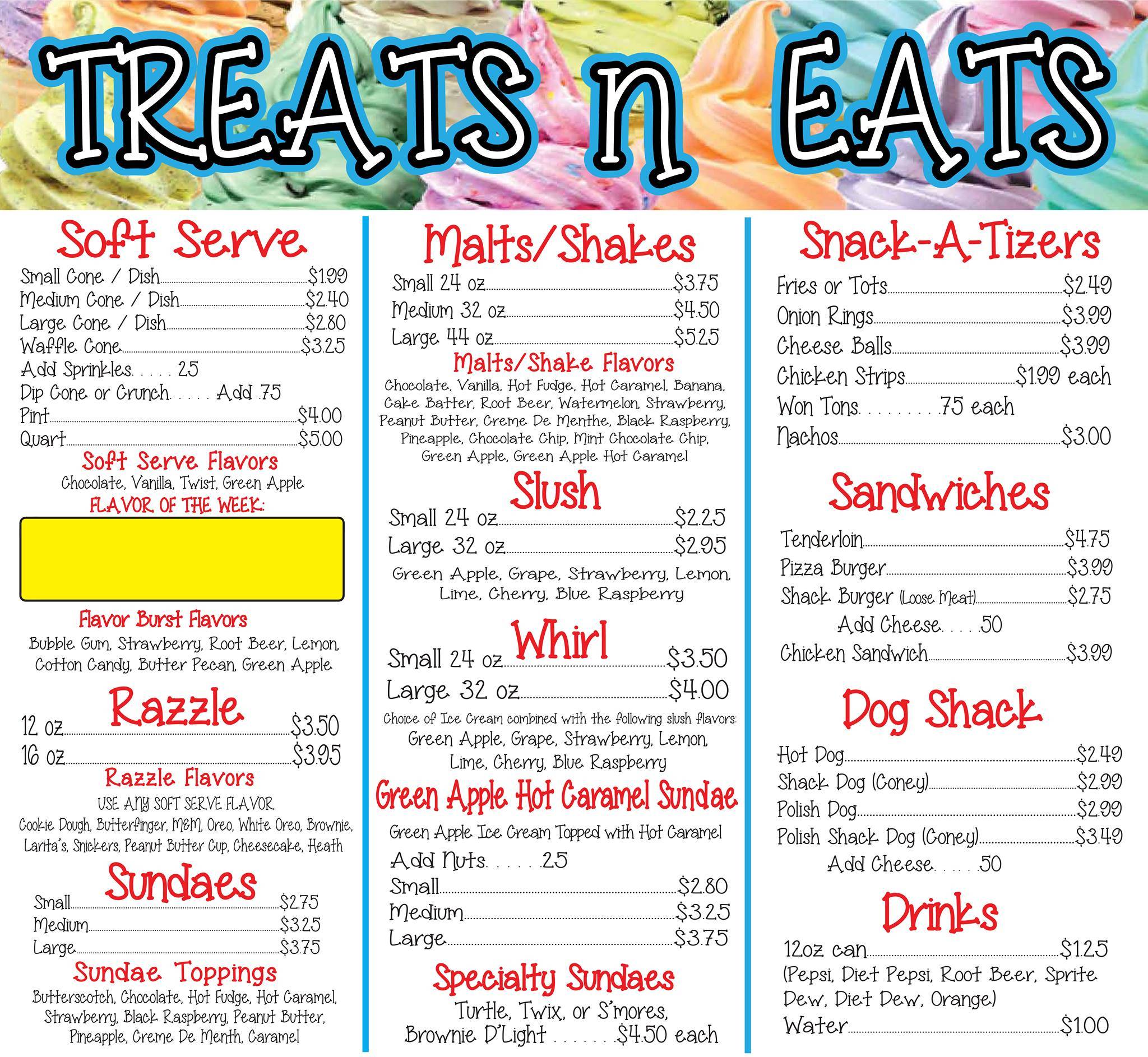 Menu at Snack Shack Treats N Eats restaurant, Fort Dodge