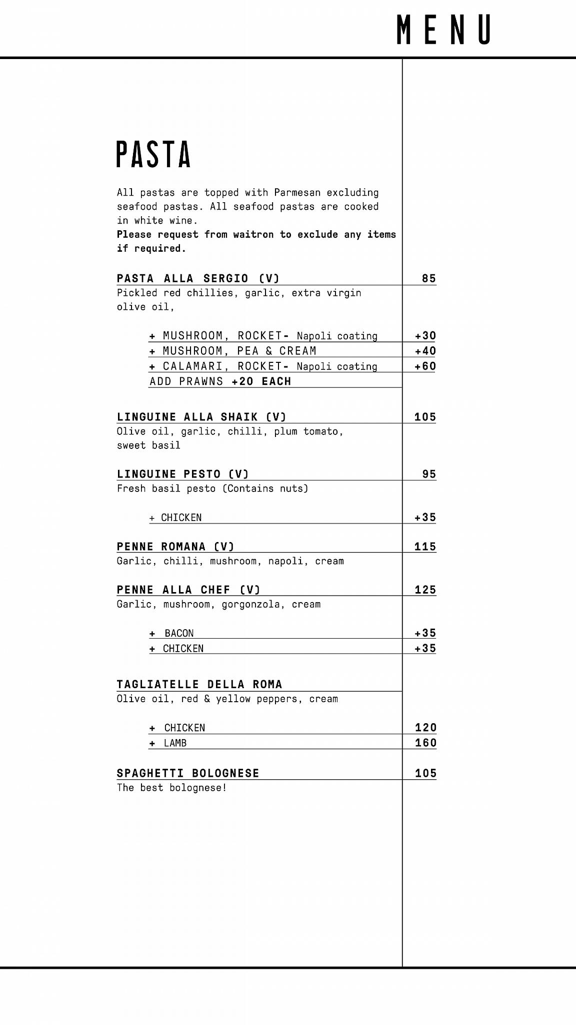 Menu at Spiga restaurant, Durban, 465 Innes Rd