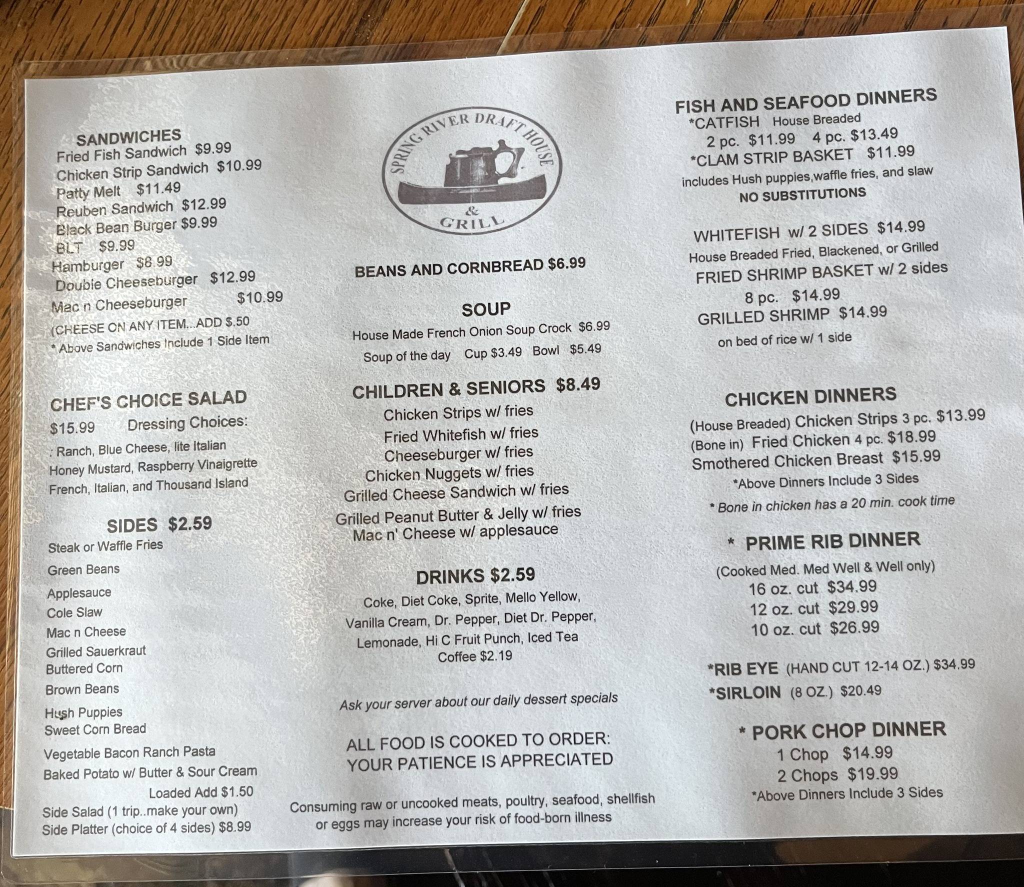 Menu at Spring River Draft House & Grill restaurant, Hardy